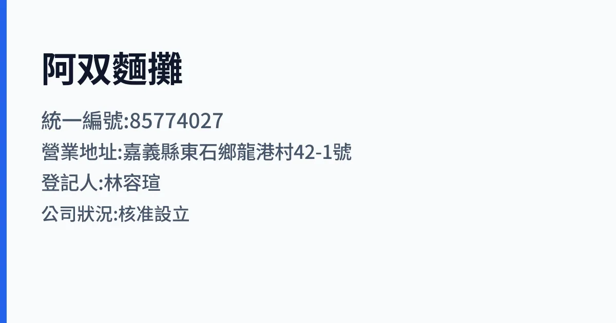 阿双麵攤 - 統編 85774027(嘉義縣) 公司登記資料與營業項目詳細圖表