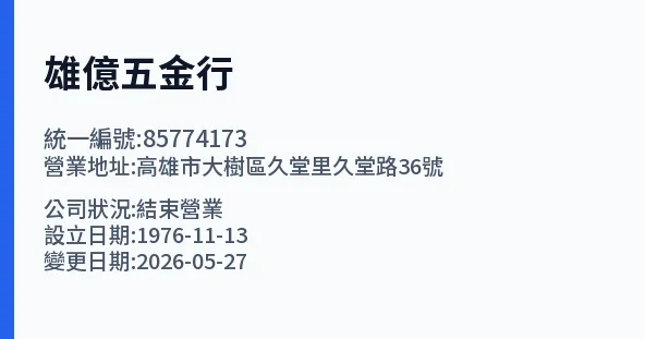 雄億五金行的照片-統編 85774173(高雄市) 公司登記資料與營業項目詳細圖表
