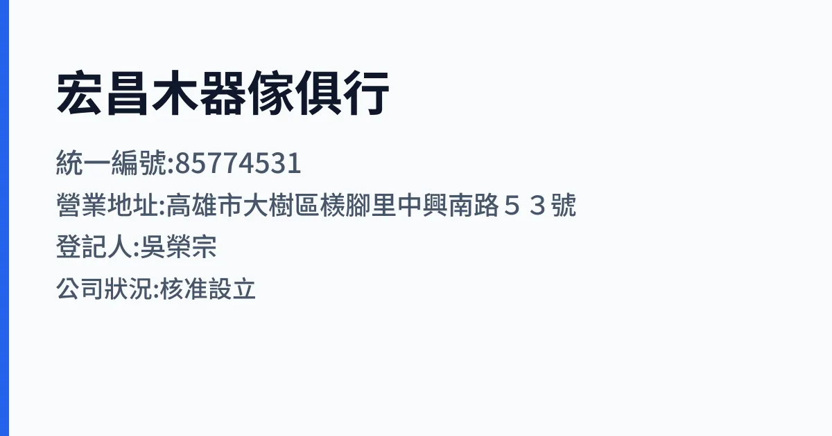 宏昌木器傢俱行 - 統編 85774531（高雄市） 公司登記資料與營業項目詳細圖表