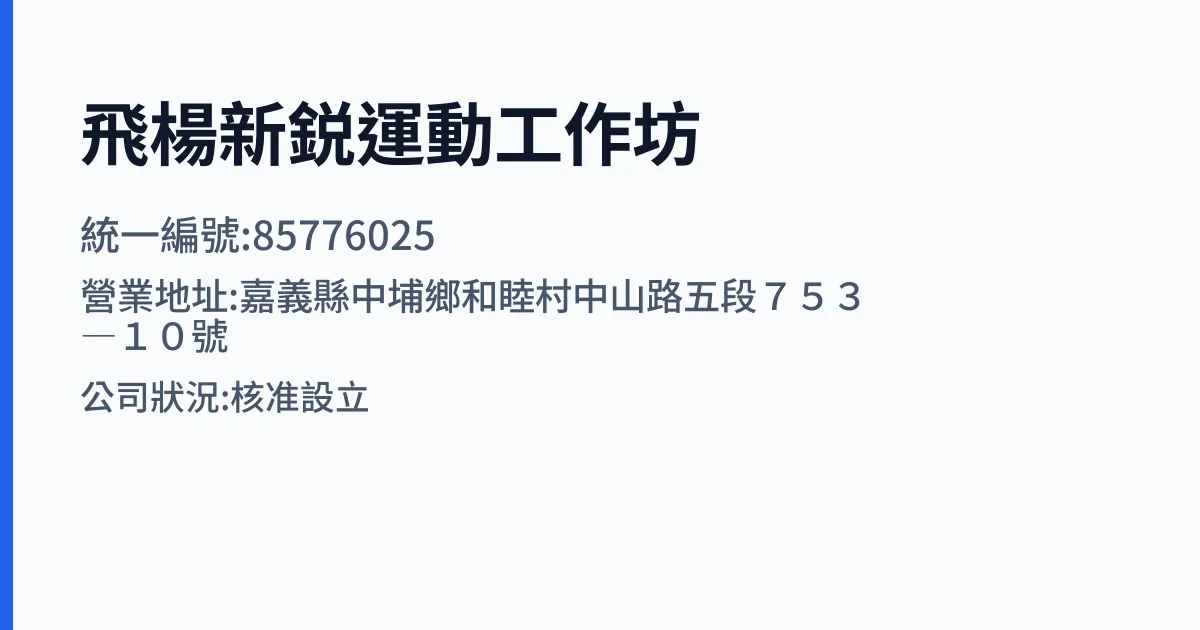 飛楊新鋭運動工作坊 - 統編 85776025（嘉義縣） 公司登記資料與營業項目詳細圖表