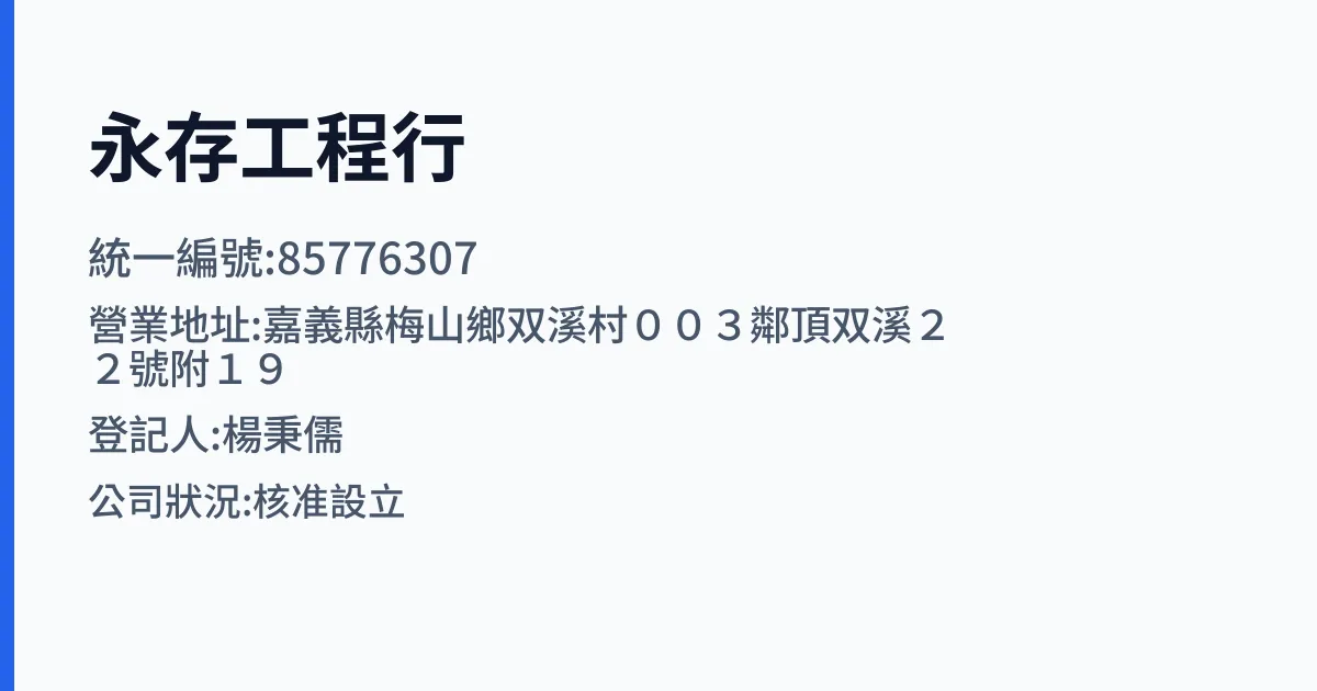 永存工程行 - 統編 85776307(嘉義縣) 公司登記資料與營業項目詳細圖表