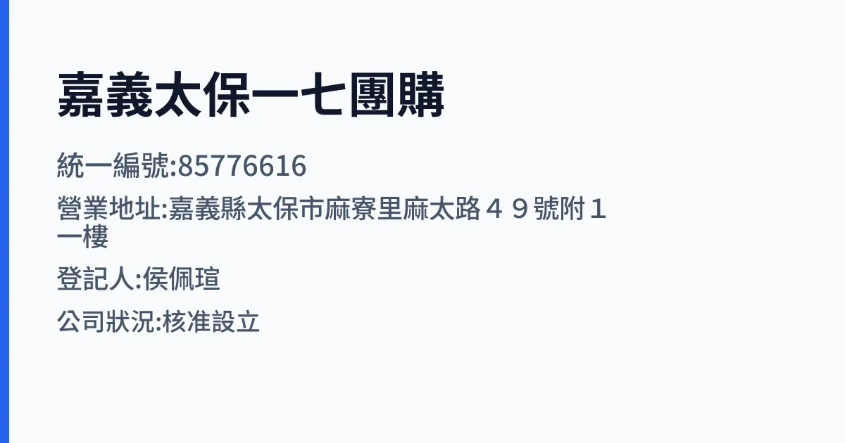 嘉義太保一七團購 - 統編 85776616(嘉義縣) 公司登記資料與營業項目詳細圖表