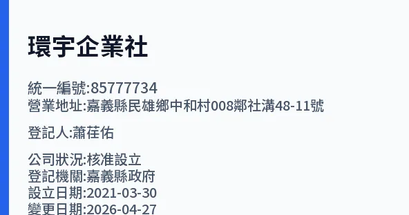 環宇企業社的照片-統編 85777734(嘉義縣) 公司登記資料與營業項目詳細圖表