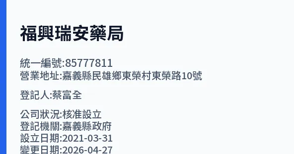 福興瑞安藥局的照片-統編 85777811(嘉義縣) 公司登記資料與營業項目詳細圖表