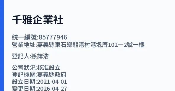 千雅企業社的照片-統編 85777946(嘉義縣) 公司登記資料與營業項目詳細圖表