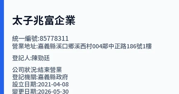 太子兆富企業的照片-統編 85778311(嘉義縣) 公司登記資料與營業項目詳細圖表