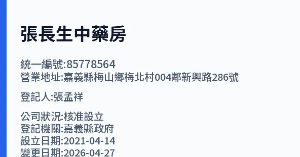 張長生中藥房的照片-統編 85778564(嘉義縣) 公司登記資料與營業項目詳細圖表
