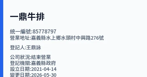 一鼎牛排的照片-統編 85778797(嘉義縣) 公司登記資料與營業項目詳細圖表