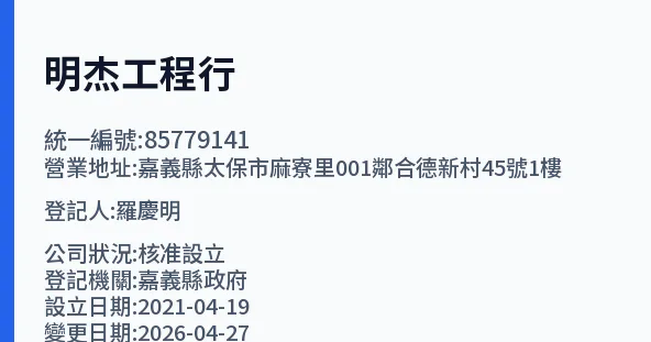 明杰工程行的照片-統編 85779141(嘉義縣) 公司登記資料與營業項目詳細圖表