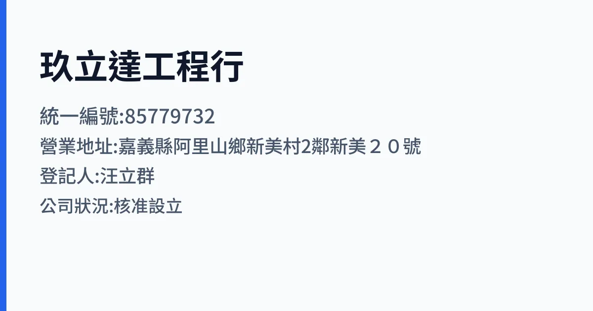 玖立達工程行 - 統編 85779732(嘉義縣) 公司登記資料與營業項目詳細圖表