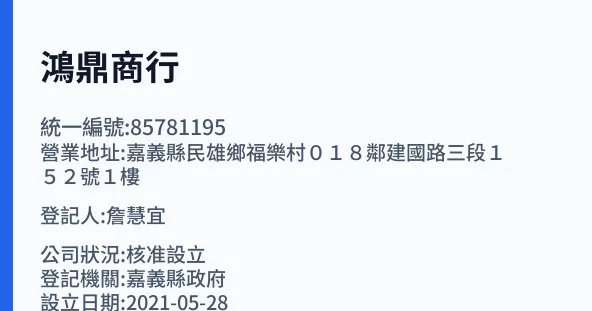 鴻鼎商行的照片-統編 85781195(嘉義縣) 公司登記資料與營業項目詳細圖表