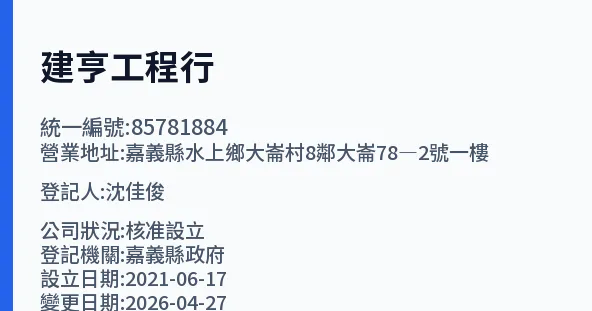 建亨工程行的照片-統編 85781884(嘉義縣) 公司登記資料與營業項目詳細圖表