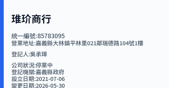 琟玠商行的照片-統編 85783095(嘉義縣) 公司登記資料與營業項目詳細圖表