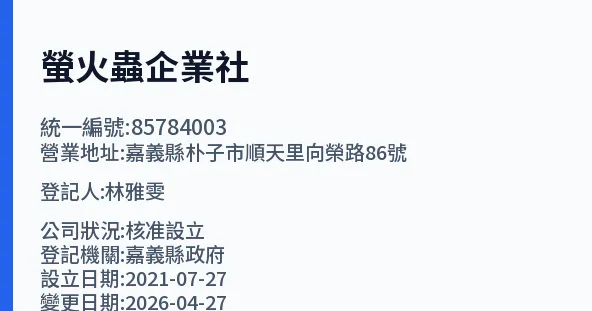 螢火蟲企業社的照片-統編 85784003(嘉義縣) 公司登記資料與營業項目詳細圖表