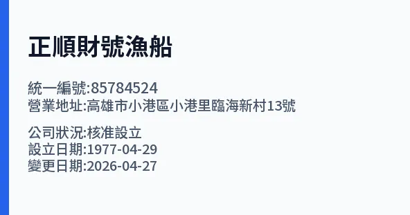 正順財號漁船的照片-統編 85784524(高雄市) 公司登記資料與營業項目詳細圖表