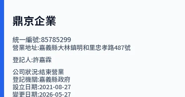 鼎京企業的照片-統編 85785299(嘉義縣) 公司登記資料與營業項目詳細圖表