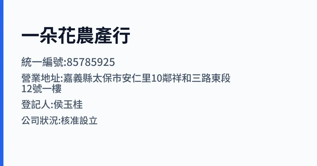 一朵花農產行 - 統編 85785925(嘉義縣) 公司登記資料與營業項目詳細圖表