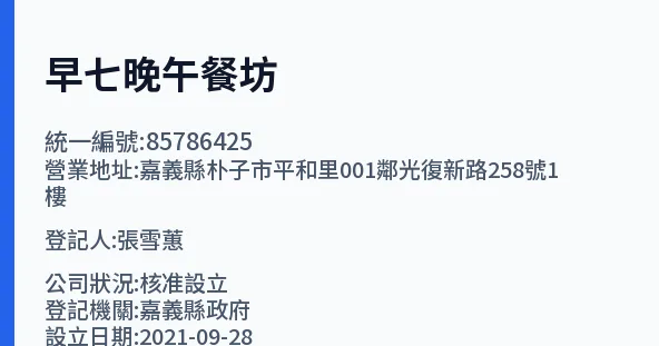 早七晚午餐坊的照片-統編 85786425(嘉義縣) 公司登記資料與營業項目詳細圖表