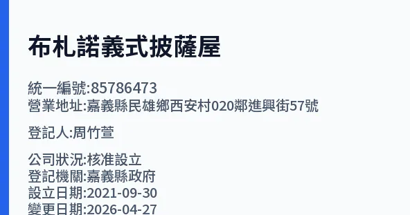 布札諾義式披薩屋的照片-統編 85786473(嘉義縣) 公司登記資料與營業項目詳細圖表