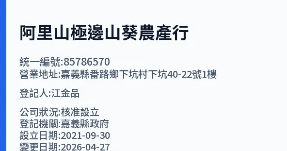 阿里山極邊山葵農產行的照片-統編 85786570(嘉義縣) 公司登記資料與營業項目詳細圖表