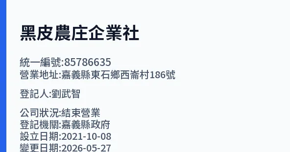 黑皮農庄企業社的照片-統編 85786635(嘉義縣) 公司登記資料與營業項目詳細圖表