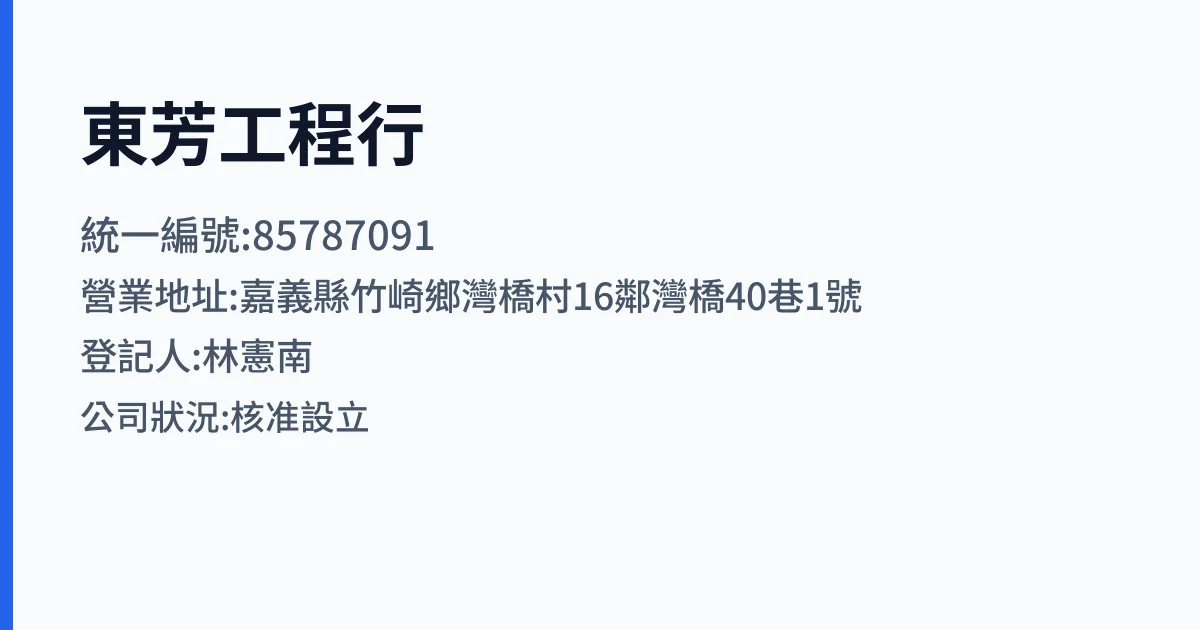 東芳工程行 - 統編 85787091(嘉義縣) 公司登記資料與營業項目詳細圖表