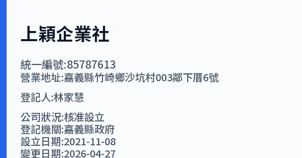 上穎企業社的照片-統編 85787613(嘉義縣) 公司登記資料與營業項目詳細圖表