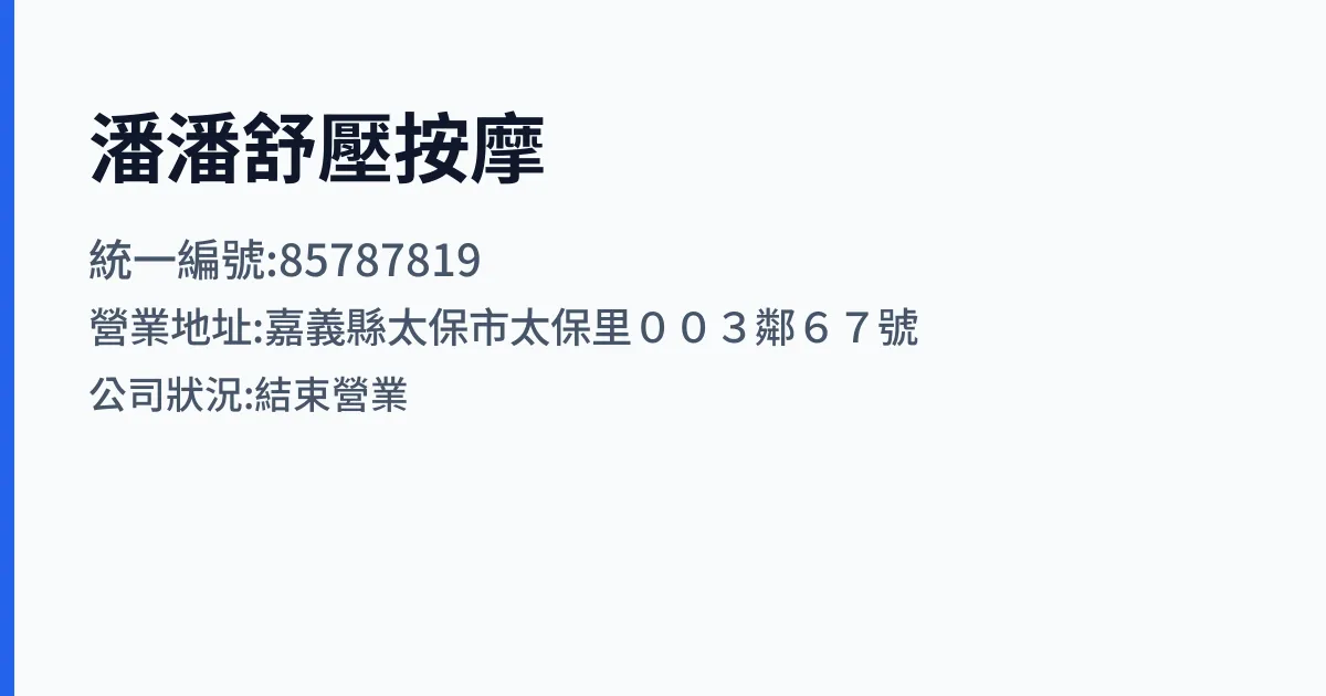 潘潘舒壓按摩 - 統編 85787819(嘉義縣) 公司登記資料與營業項目詳細圖表
