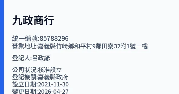 九政商行的照片-統編 85788296(嘉義縣) 公司登記資料與營業項目詳細圖表