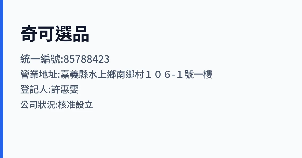 奇可選品 - 統編 85788423(嘉義縣) 公司登記資料與營業項目詳細圖表