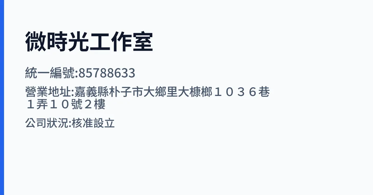 微時光工作室 - 統編 85788633(嘉義縣) 公司登記資料與營業項目詳細圖表