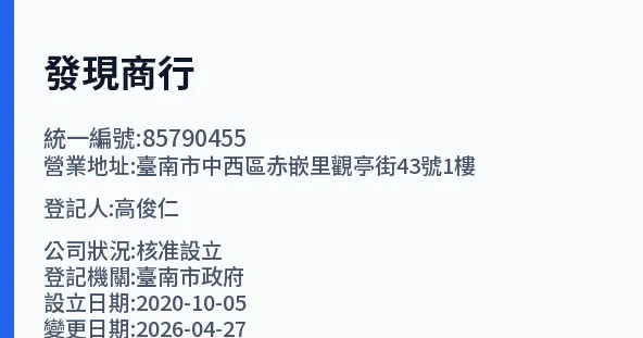 發現商行的照片-統編 85790455(臺南市) 公司登記資料與營業項目詳細圖表