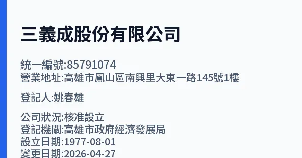 三義成股份有限公司的照片-統編 85791074(高雄市) 公司登記資料與營業項目詳細圖表