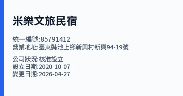 米樂文旅民宿的照片-統編 85791412(臺東縣) 公司登記資料與營業項目詳細圖表