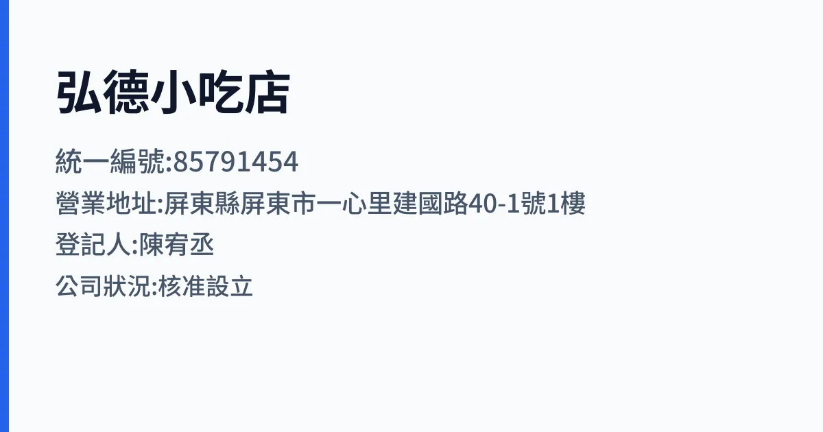 弘德小吃店 - 統編 85791454(屏東縣) 公司登記資料與營業項目詳細圖表