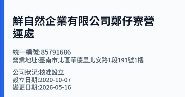 鮮自然企業有限公司鄭仔寮營運處的照片-統編 85791686(臺南市) 公司登記資料與營業項目詳細圖表