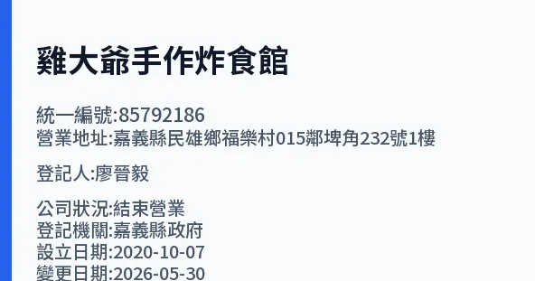 雞大爺手作炸食館的照片-統編 85792186(嘉義縣) 公司登記資料與營業項目詳細圖表