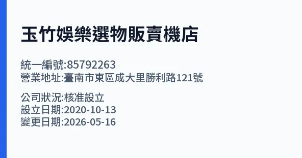 玉竹娛樂選物販賣機店的照片-統編 85792263(臺南市) 公司登記資料與營業項目詳細圖表