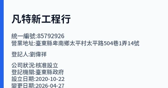 凡特新工程行的照片-統編 85792926(臺東縣) 公司登記資料與營業項目詳細圖表