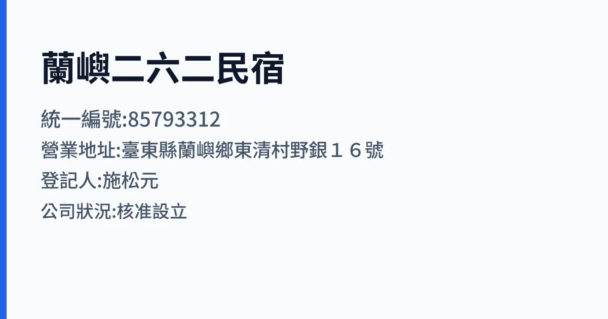 蘭嶼二六二民宿 - 統編 85793312(臺東縣) 公司登記資料與營業項目詳細圖表