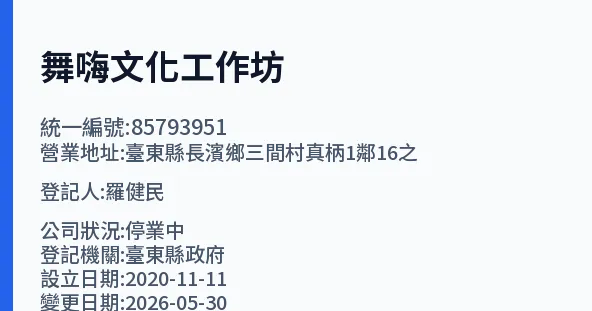 舞嗨文化工作坊的照片-統編 85793951(臺東縣) 公司登記資料與營業項目詳細圖表