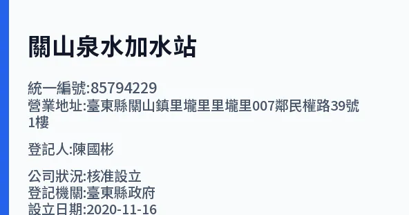 關山泉水加水站的照片-統編 85794229(臺東縣) 公司登記資料與營業項目詳細圖表