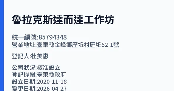 魯拉克斯達而達工作坊的照片-統編 85794348(臺東縣) 公司登記資料與營業項目詳細圖表