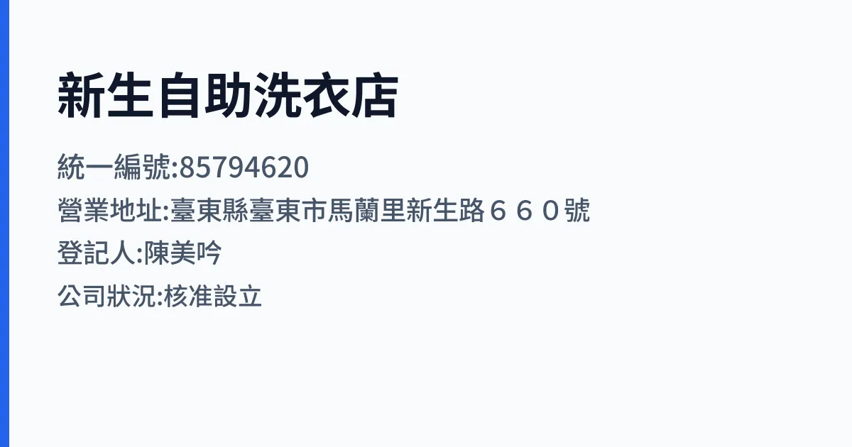 新生自助洗衣店 - 統編 85794620(臺東縣) 公司登記資料與營業項目詳細圖表