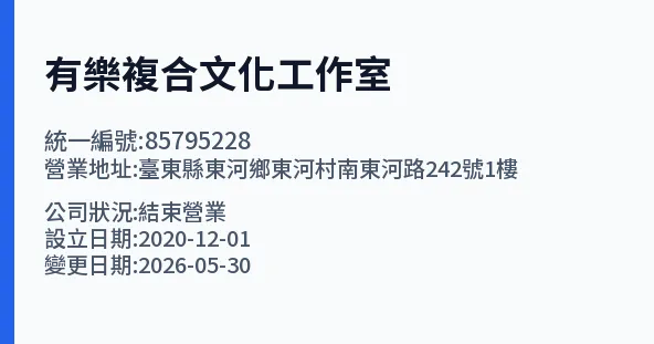 有樂複合文化工作室的照片-統編 85795228(臺東縣) 公司登記資料與營業項目詳細圖表