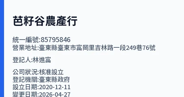 芭籽谷農產行的照片-統編 85795846(臺東縣) 公司登記資料與營業項目詳細圖表