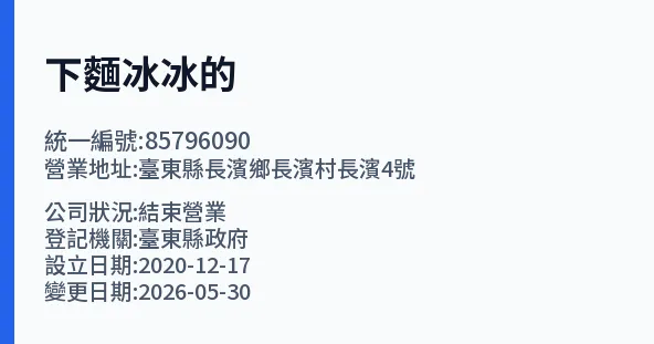 下麵冰冰的的照片-統編 85796090(臺東縣) 公司登記資料與營業項目詳細圖表
