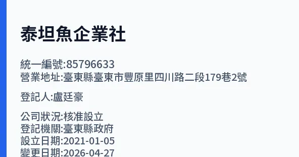 泰坦魚企業社的照片-統編 85796633(臺東縣) 公司登記資料與營業項目詳細圖表