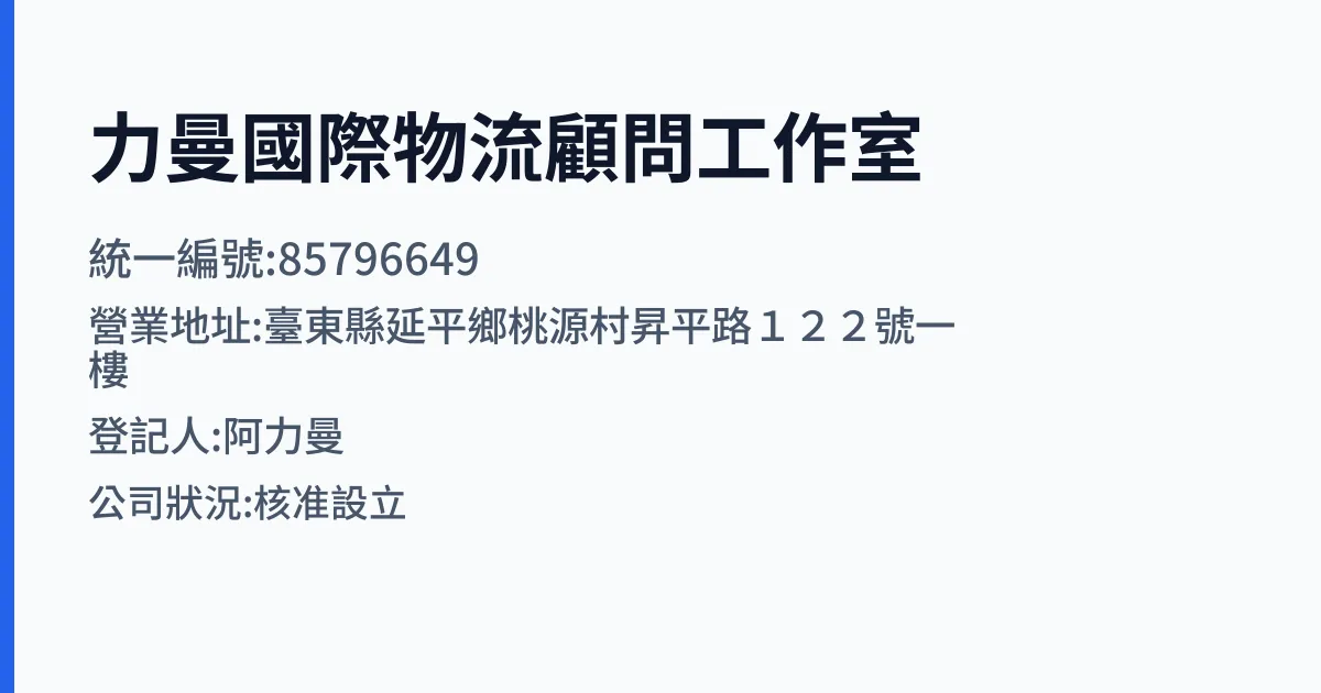 力曼國際物流顧問工作室 - 統編 85796649(臺東縣) 公司登記資料與營業項目詳細圖表