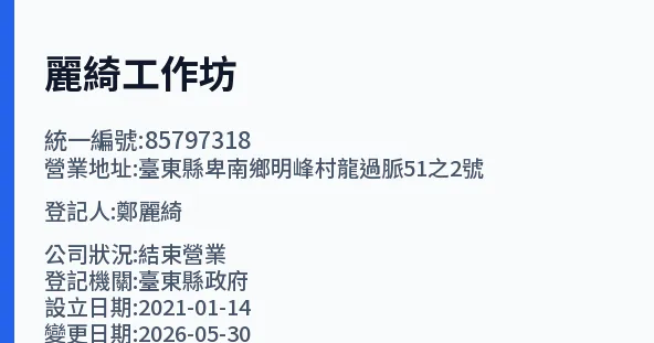 麗綺工作坊的照片-統編 85797318(臺東縣) 公司登記資料與營業項目詳細圖表